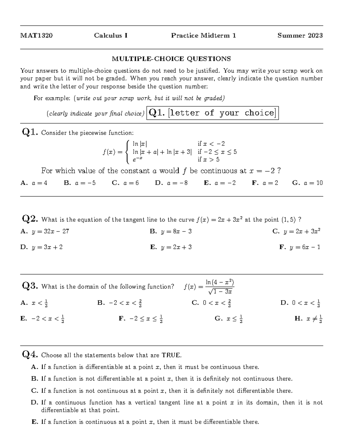 MAT1320-Practice Midterm 1 - MAT1320 Calculus I Practice Midterm 1 Summer 2023 MULTIPLE-CHOICE ...
