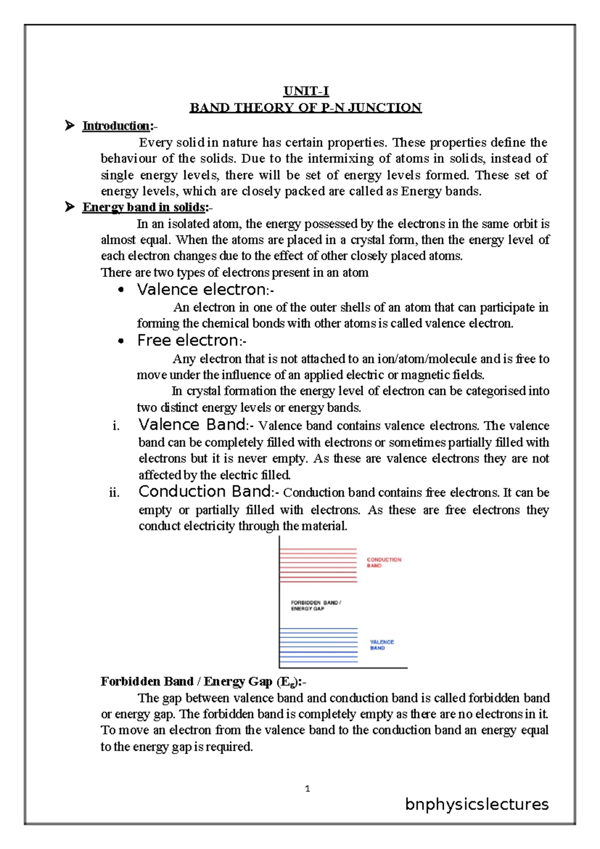 basic electronics - UNIT-I BAND THEORY OF P-N JUNCTION Introduction:- Every solid in nature has ...