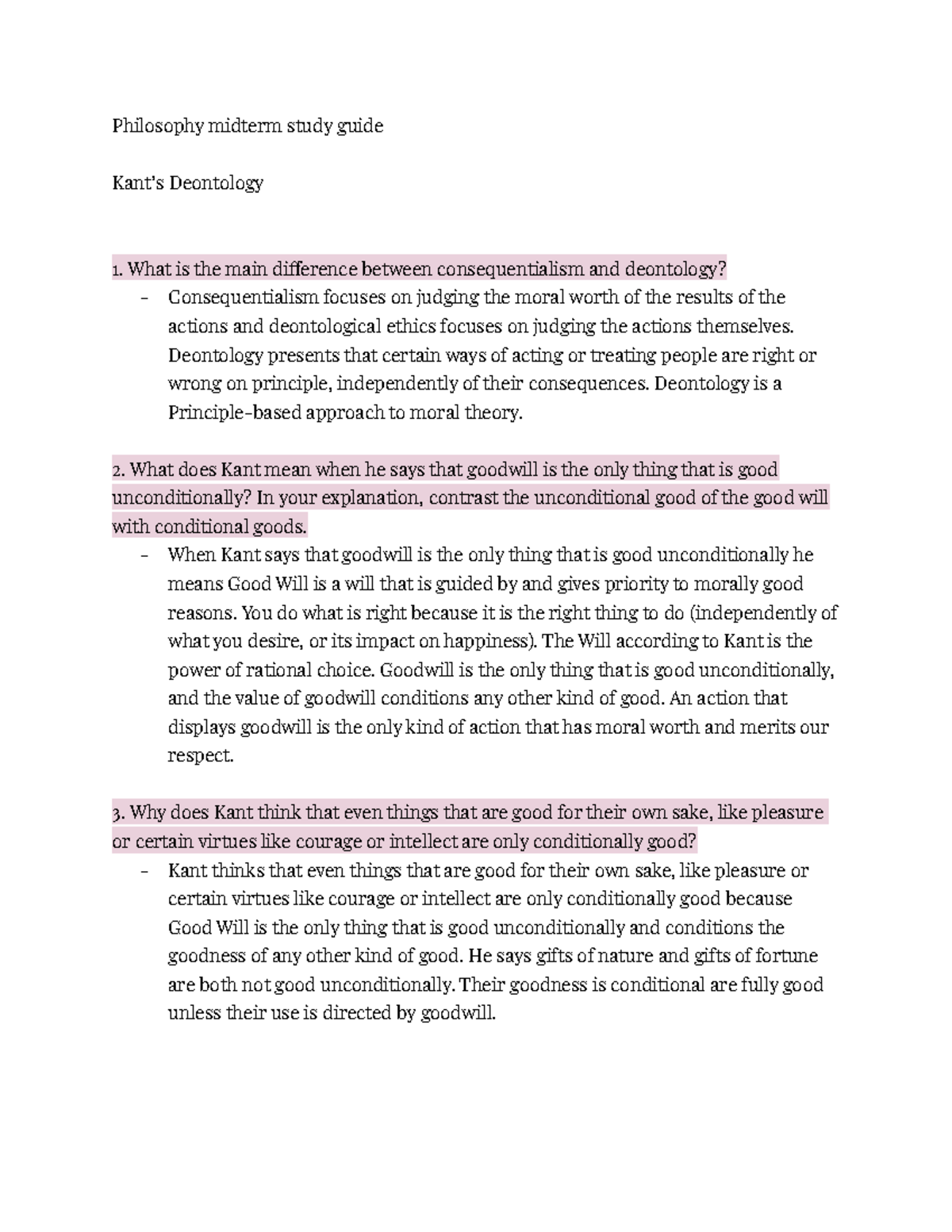 Philosophy midterm study guide - Philosophy midterm study guide Kant’s ...