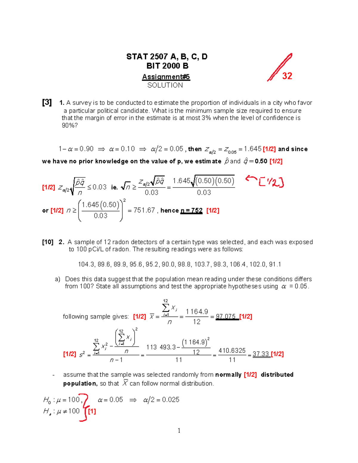 Assignment 5 Solutions - ####### STAT 2507 A, B, C, D ####### BIT 2000 ...