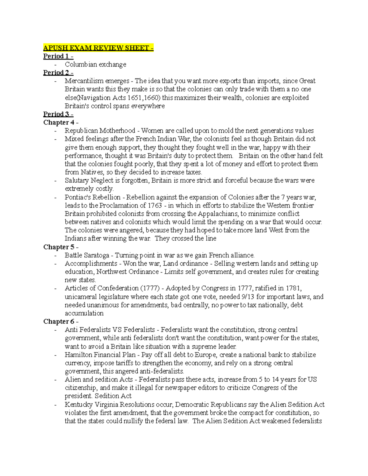Apush EXAM Review - APUSH EXAM REVIEW SHEET - Period 1 - Columbian ...