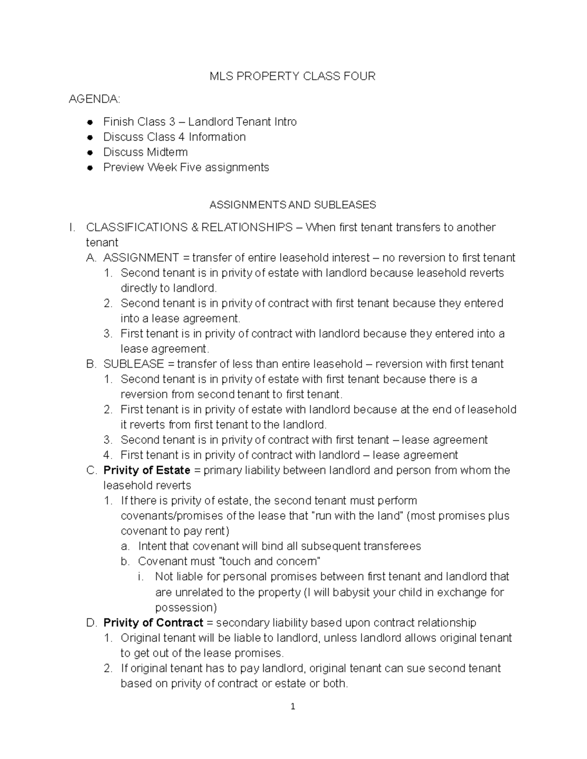 Week 4 Notes - MLS PROPERTY CLASS FOUR AGENDA: Finish Class 3 ...