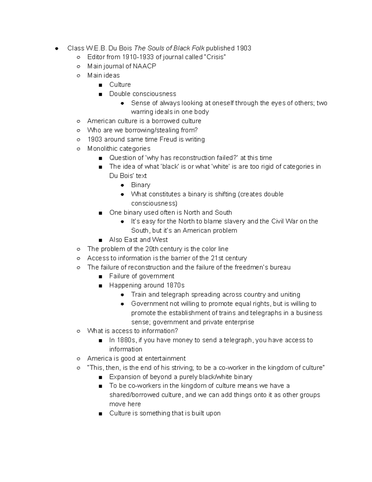 Class Lecture Notes The Souls of Black Folk - Class W.E. Du Bois The ...