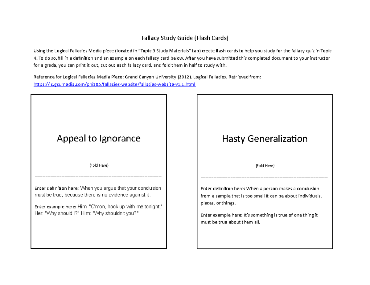 Fallacies Worksheet - work that can help someone - Fallacy Study Guide ...
