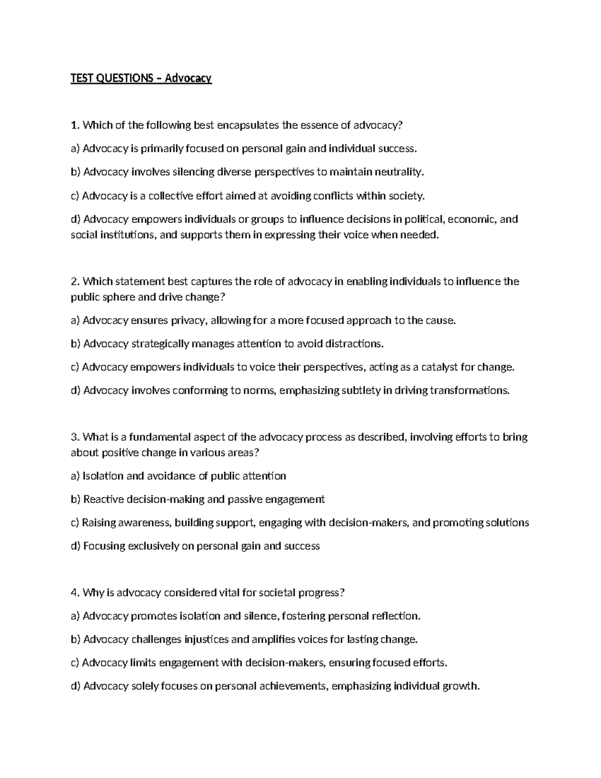 TEST- Questions-Advocacy - TEST QUESTIONS – Advocacy Which of the ...
