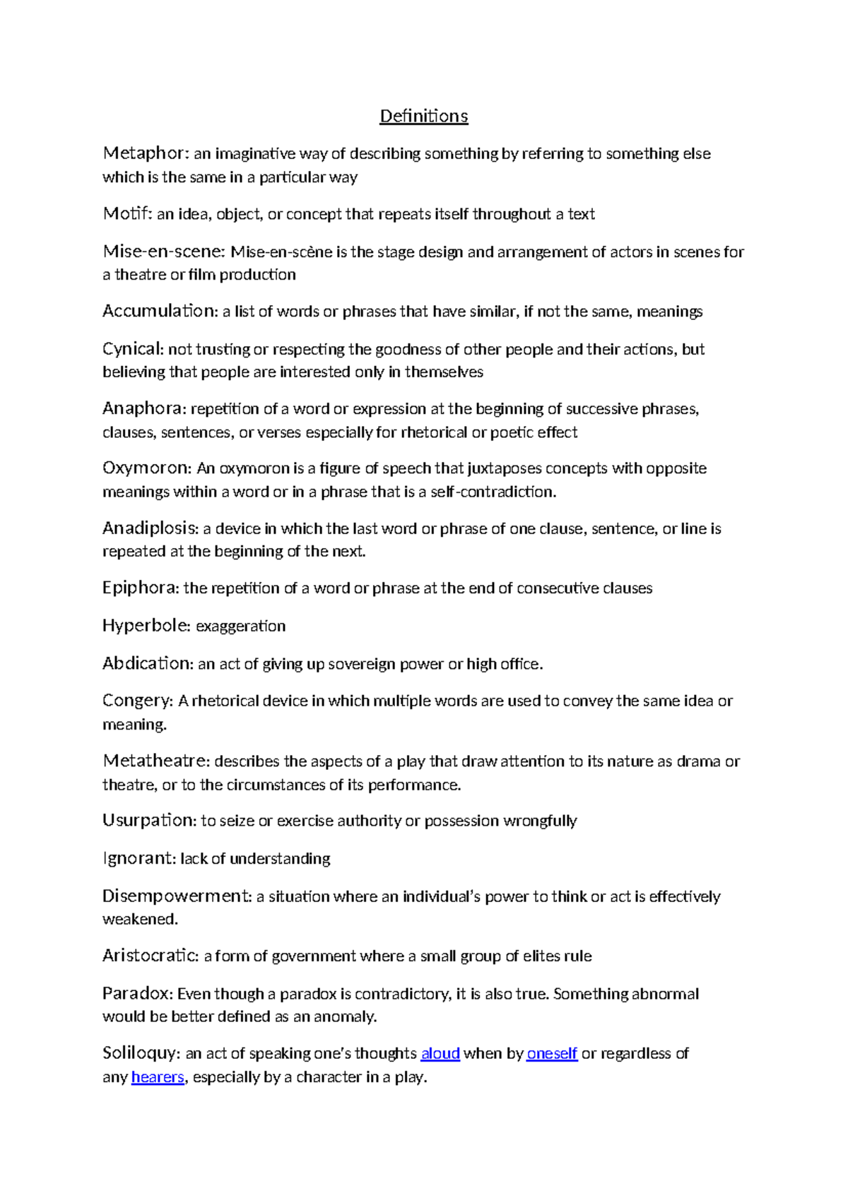 English Notes key words - Definitions Metaphor: an imaginative way of ...
