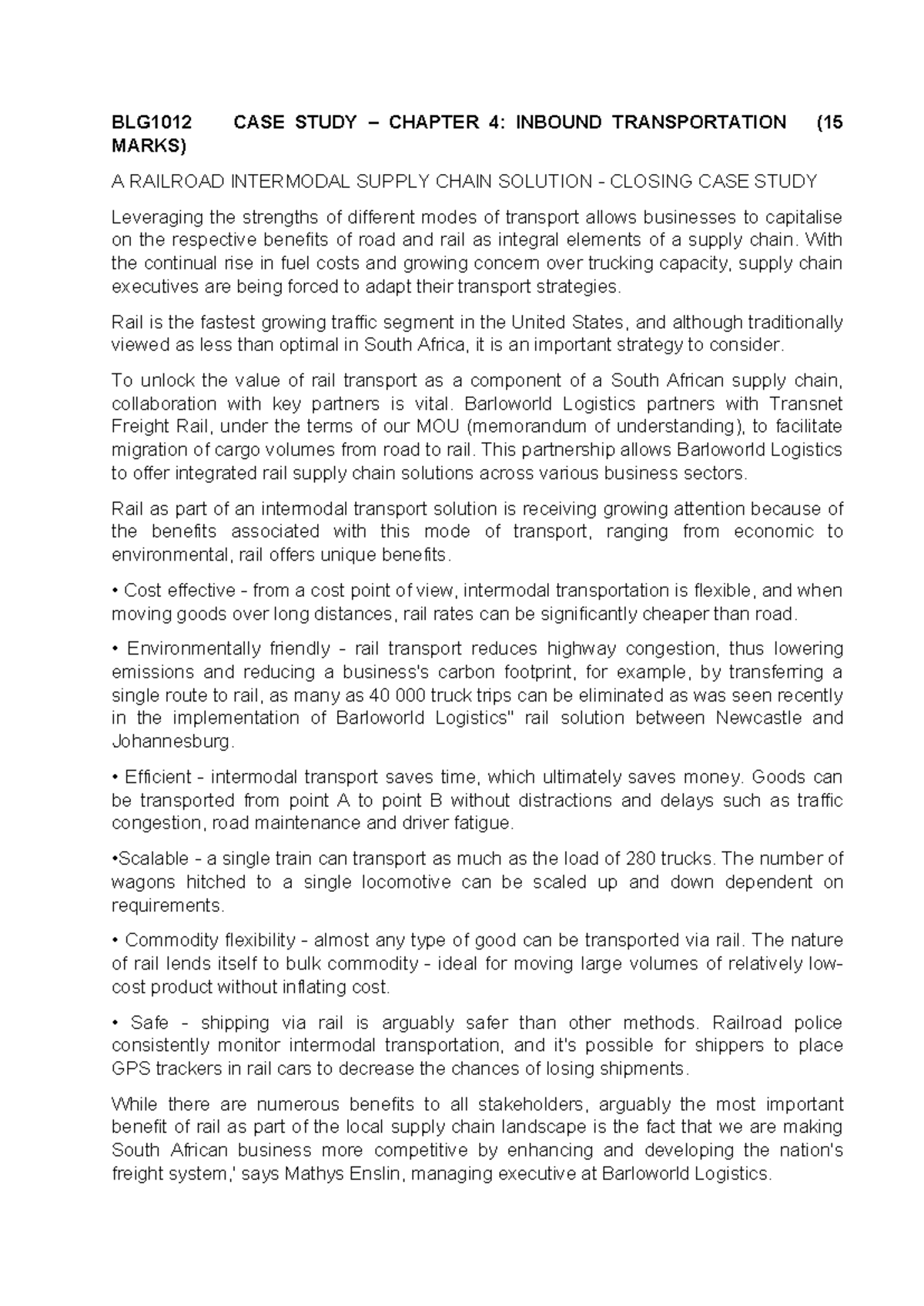 BLG1012 Assignment Case Study - BLG1012 CASE STUDY – CHAPTER 4: INBOUND TRANSPORTATION ( MARKS ...