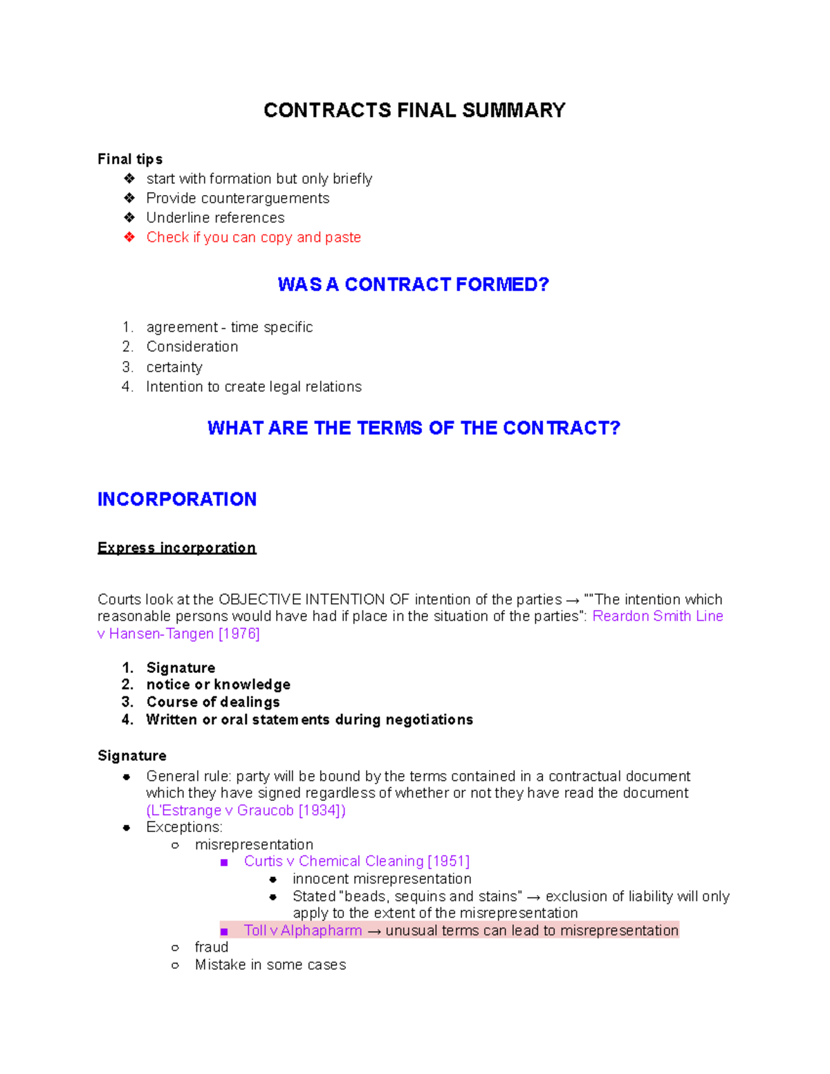 LAWS1075 Contracts Final Summary - CONTRACTS FINAL SUMMARY Final tips ...