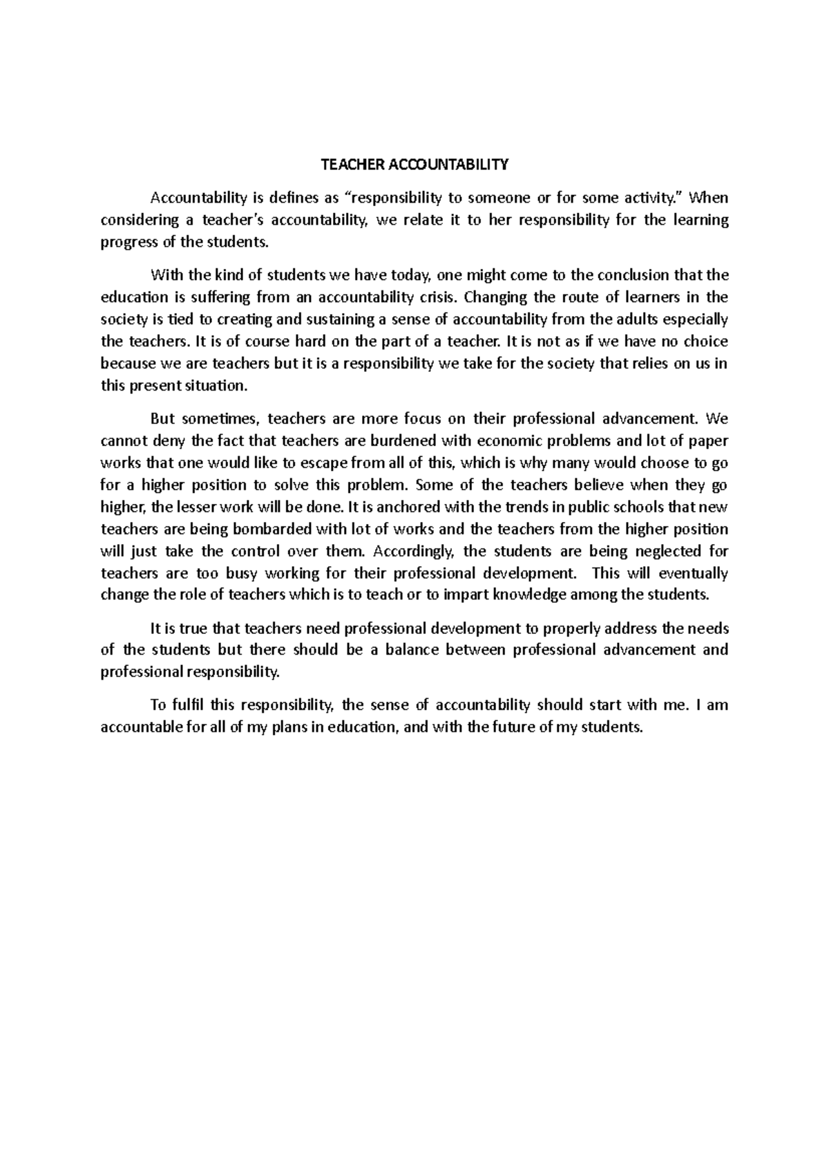 Reflection on Teacher Accountability - TEACHER ACCOUNTABILITY ...