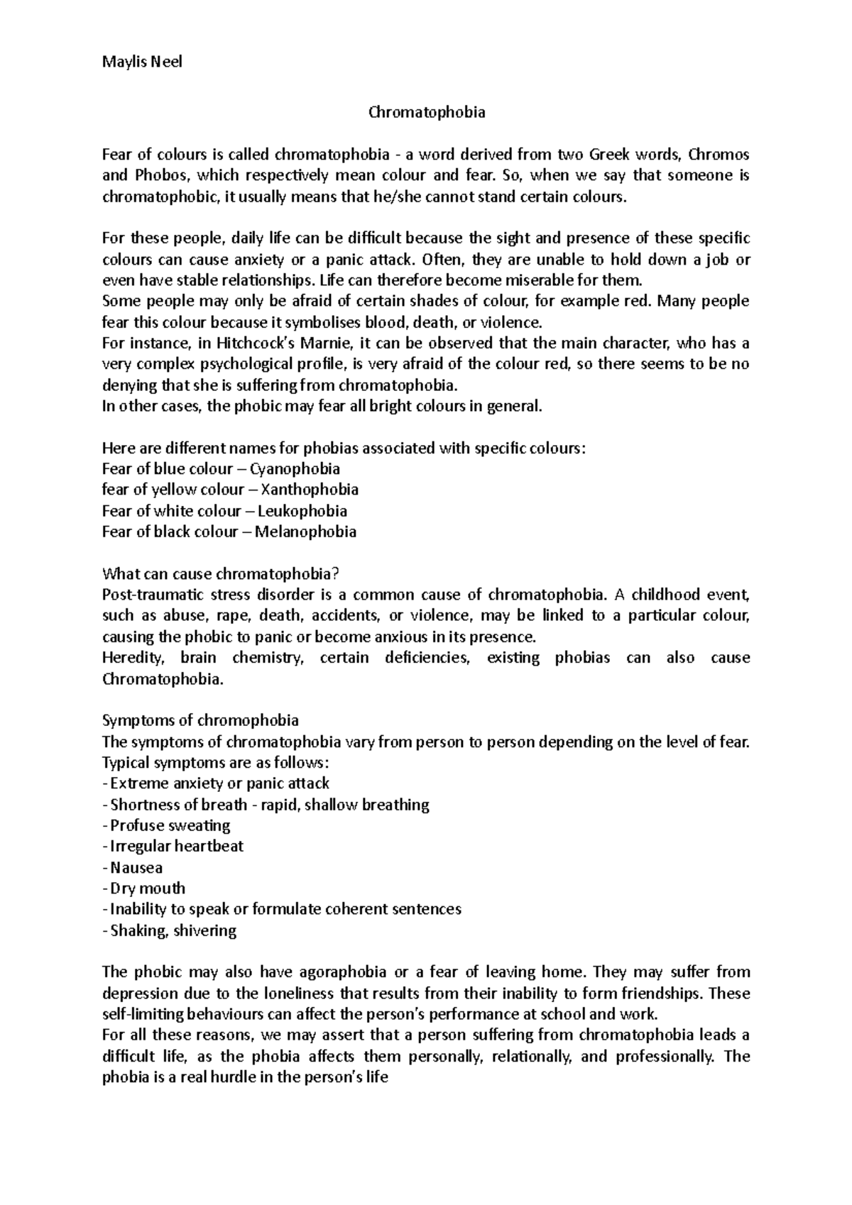 english : chromatophobia - oral - Anglais Professionel - Université ...