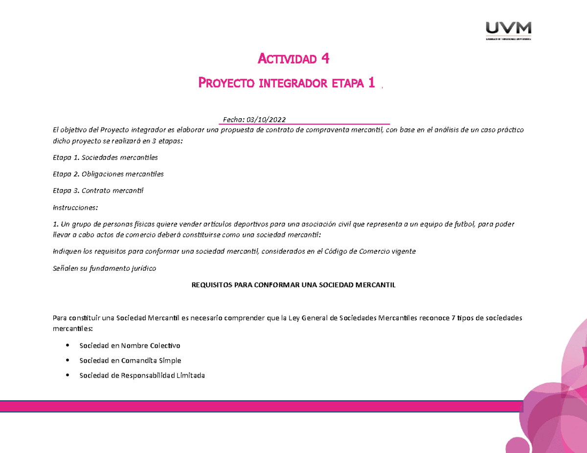 Actividad 4 derecho mercantil - ACTIVIDAD 4 PROYECTO INTEGRADOR ETAPA 1 Fecha: 03/10/ El ...