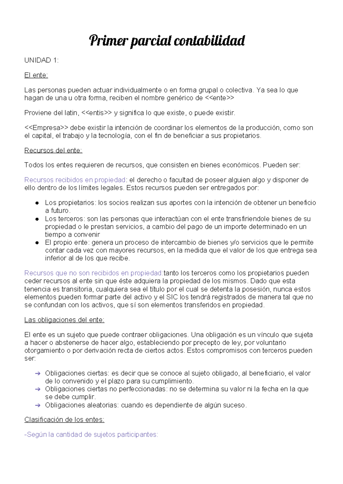 Primer parcial contabilidad 1 - Primer parcial contabilidad UNIDAD 1: El ente: Las personas ...