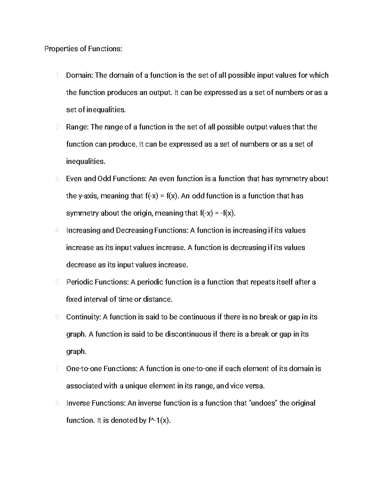 MAT-171 Properties of Functions - Properties of Functions: Domain: The ...