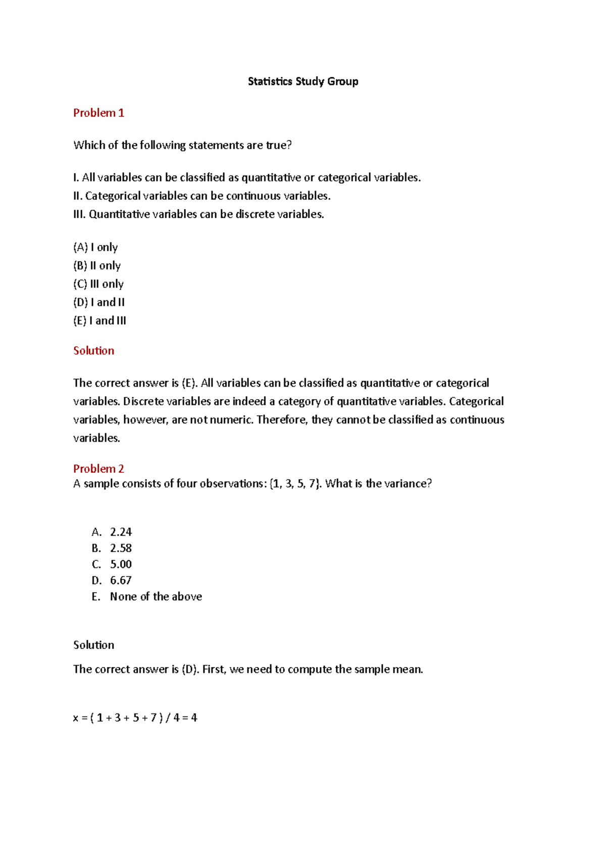 Statistics Study Group 1 with answers - Statistics Study Group Problem ...