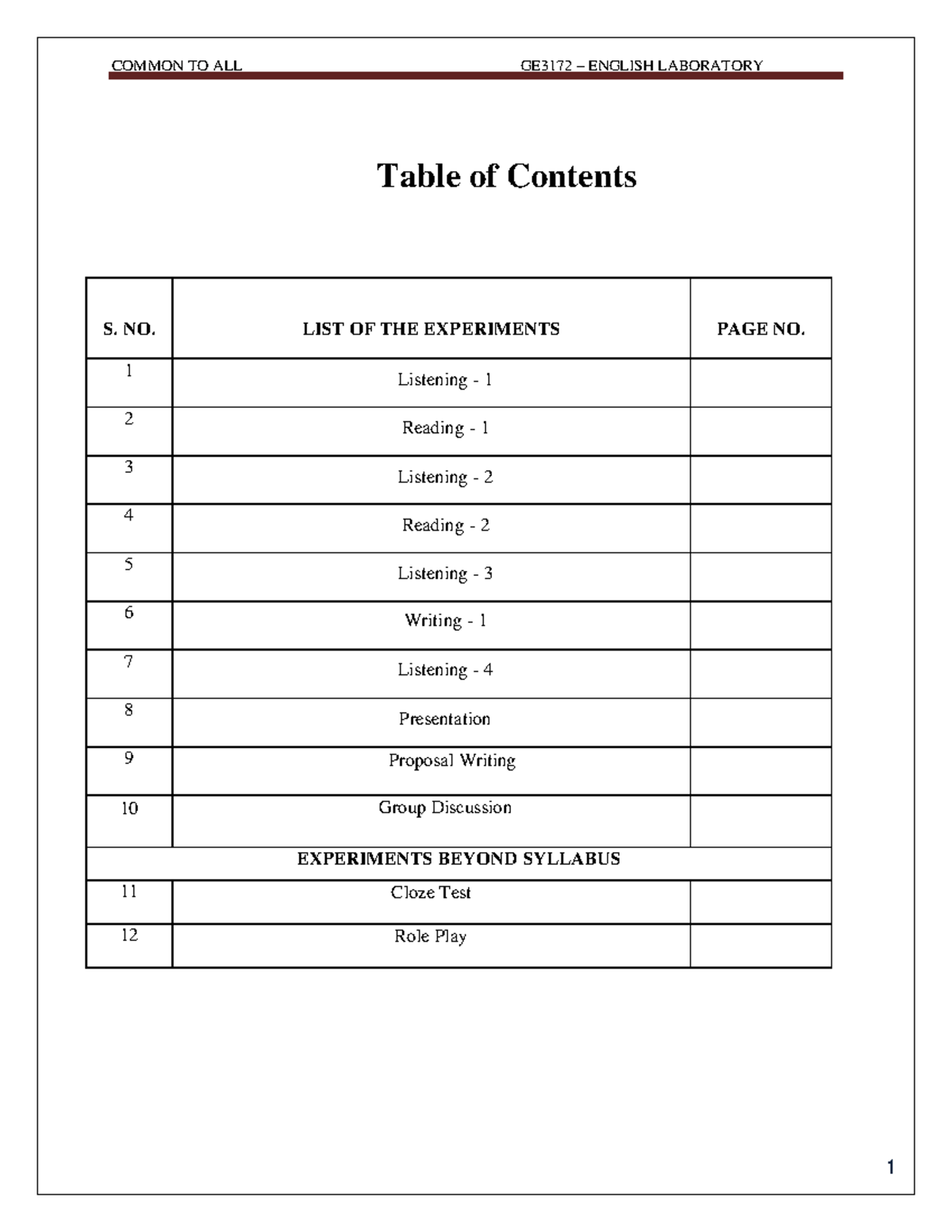 English Laboratory - USed to Study - ####### BRANCHES Table of Contents ...