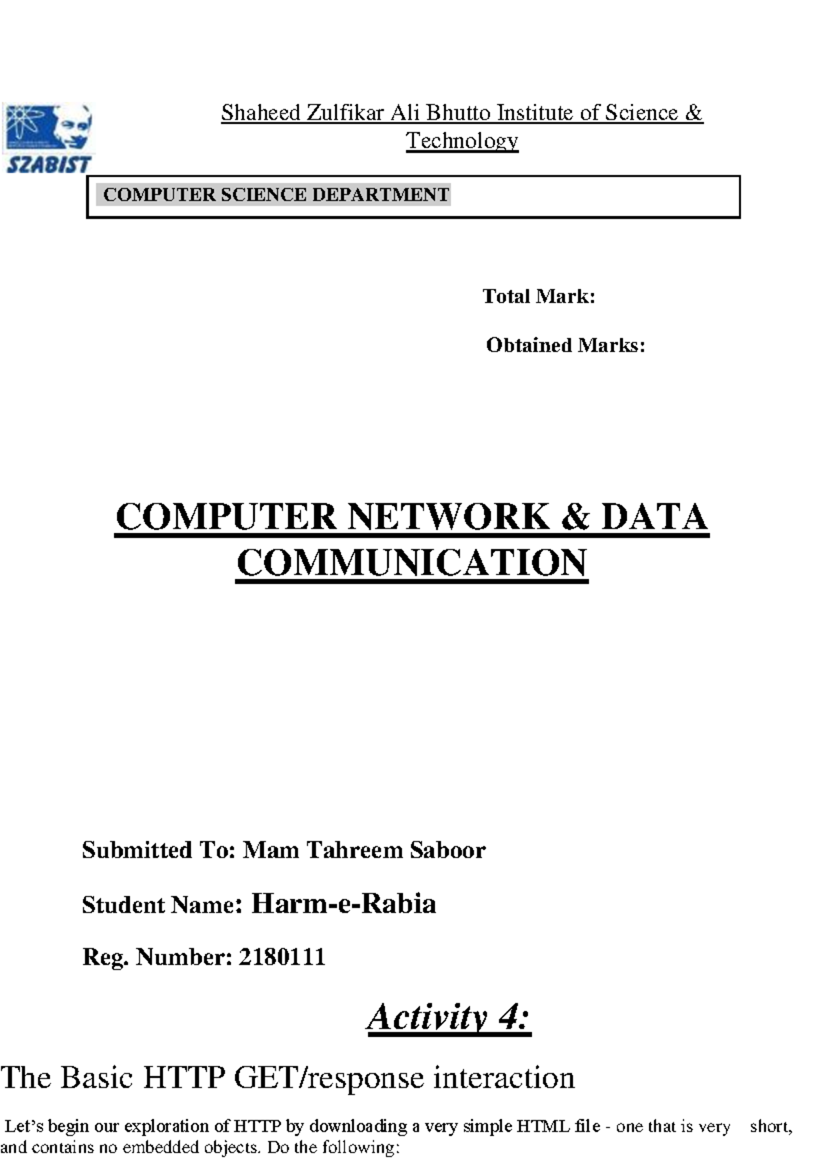 CNDC labtask Activity 4 - Shaheed Zulfikar Ali Bhutto Institute of Science & Technology COMPUTER ...