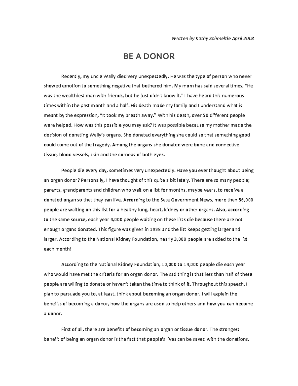 Schmelzlespeech - Organ donation speech - Written by Kathy Schmelzle ...
