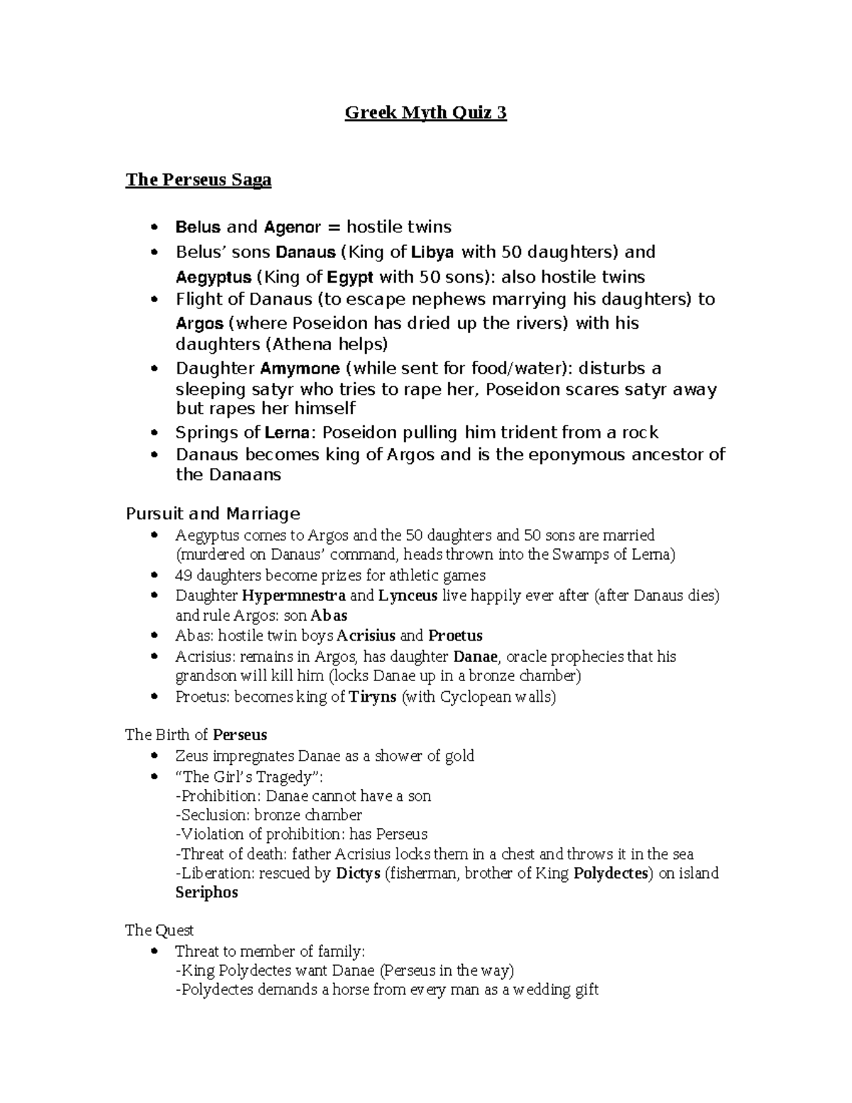 CLAS 203 Quiz 3 - notes - Greek Myth Quiz 3 The Perseus Saga Belus and ...