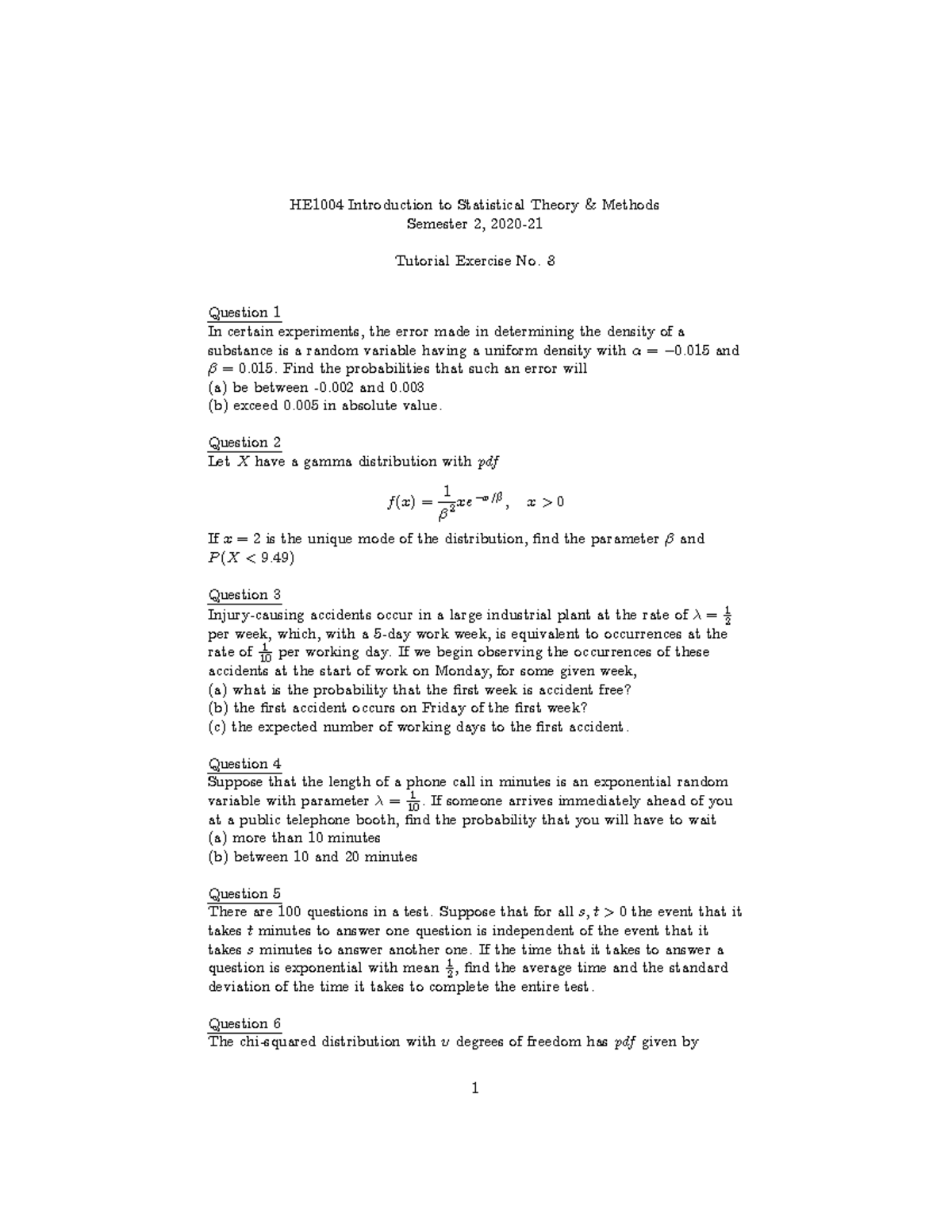 HE1004 2020-21S2 Tute8 bb - HE1004 Introduction to Statistical Theory & Methods Semester 2 ...