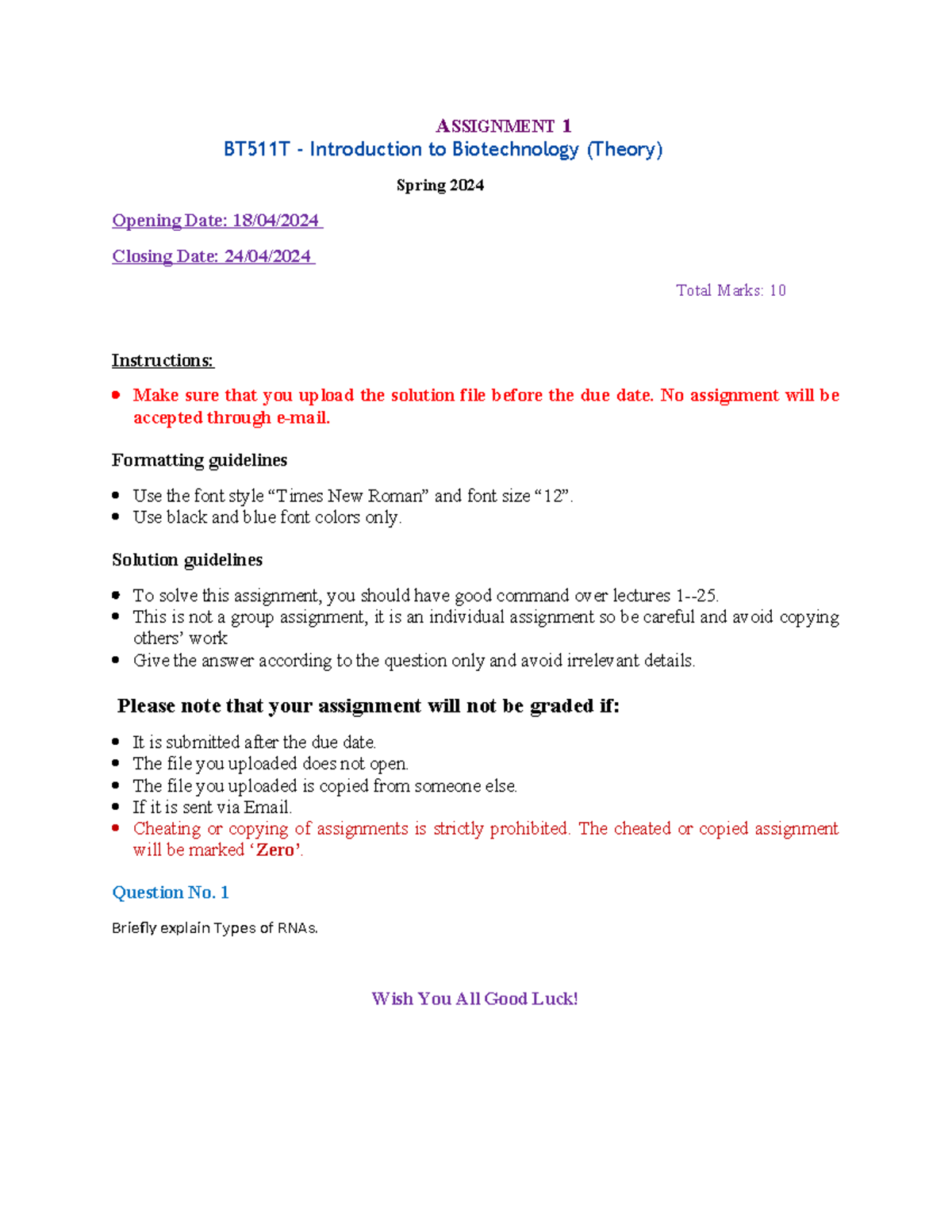 Spring 2024 BT511T 1 - ASSIGNMENT 1 BT511T - Introduction to ...