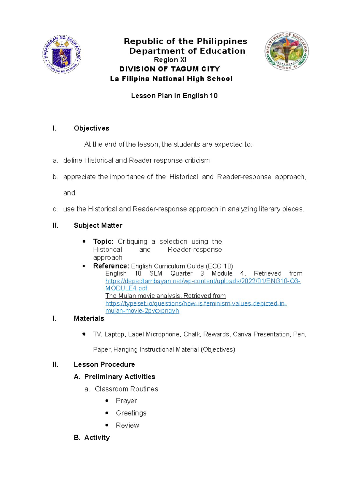 Lesson PLAN Historical AND Readers Response - Republic of the ...