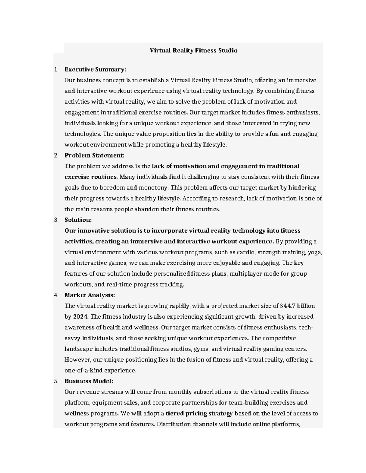 Virtual Reality Fitness Studio-Sample Innovative Business Concept ...