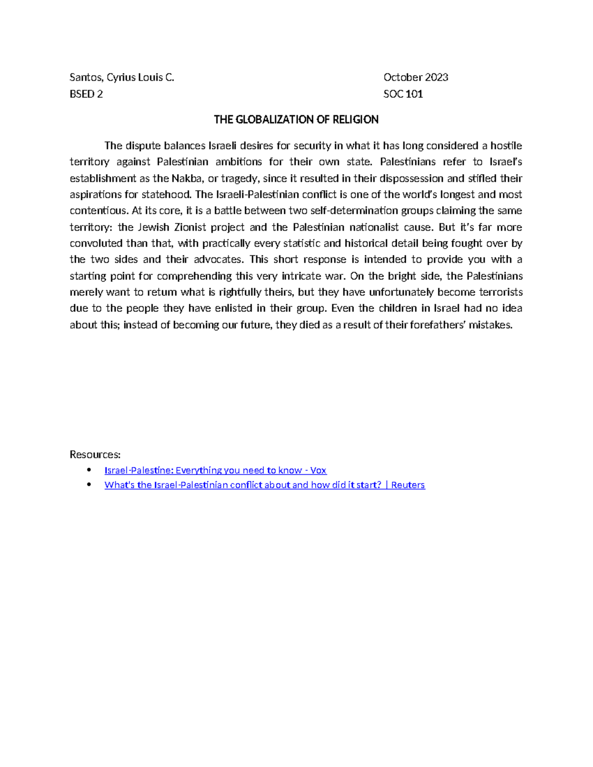 Globalization on Religion - Santos, Cyrius Louis C. October 2023 BSED 2 ...