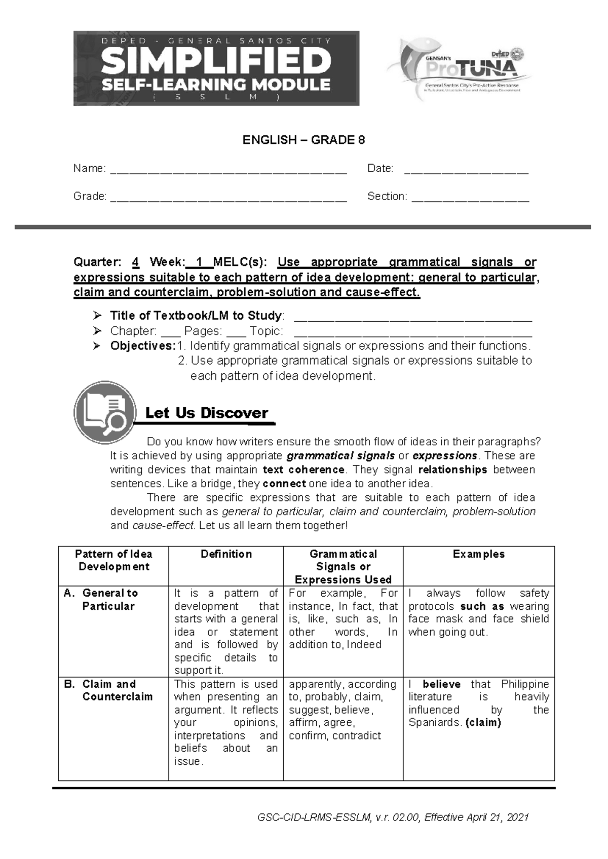 English-8-Q4-SSLM Week1-final - ENGLISH – GRADE 8 Name