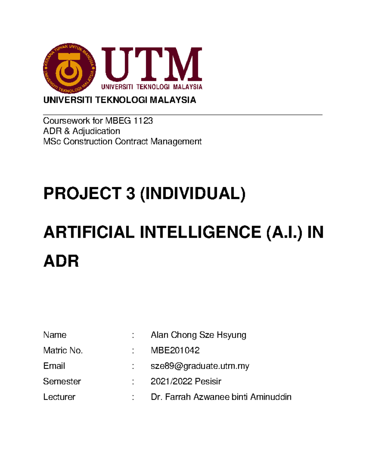 MBEG1123 Assignment 3 MBE2010 42 - UNIVERSITI TEKNOLOGI MALAYSIA - Studocu