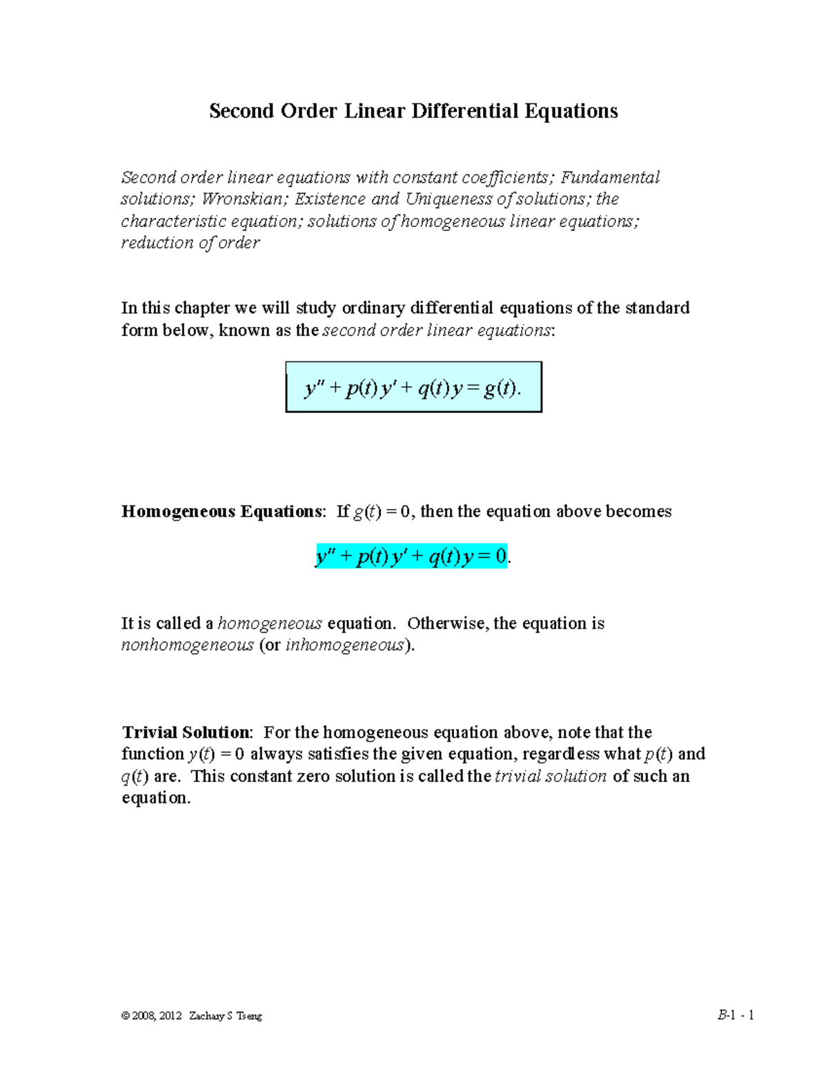 Notes-2nd order ODE pt1 - ####### Second Order Linear Differential ...