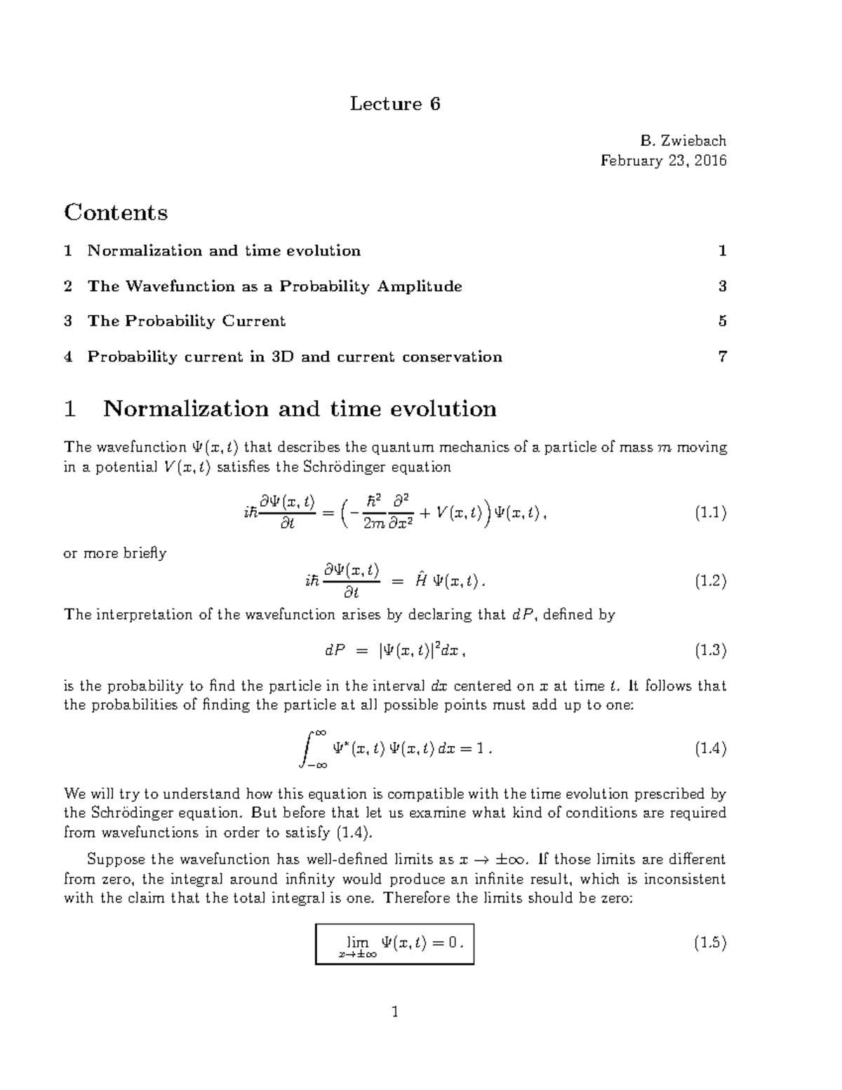 Normalization and time evolution - Lecture 6 B. Zwiebach February 23 ...