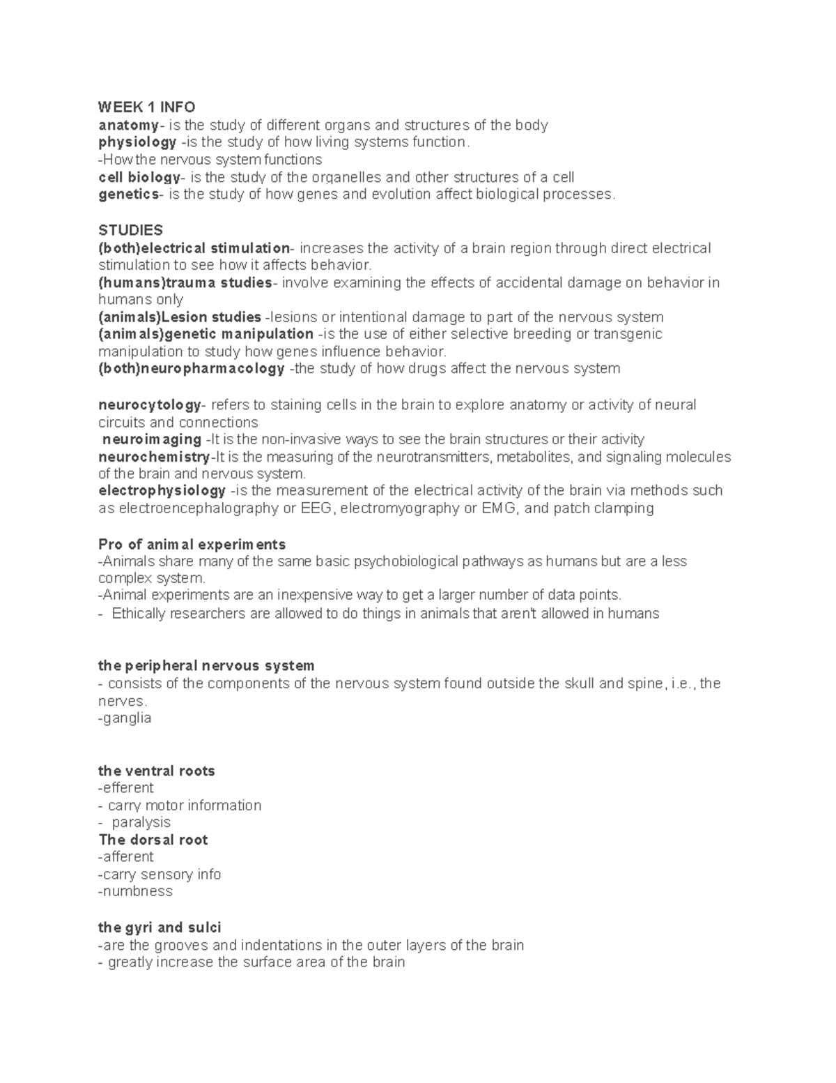 WEEK 1 LECTURE NOTES - WEEK 1 INFO anatomy - is the study of different ...