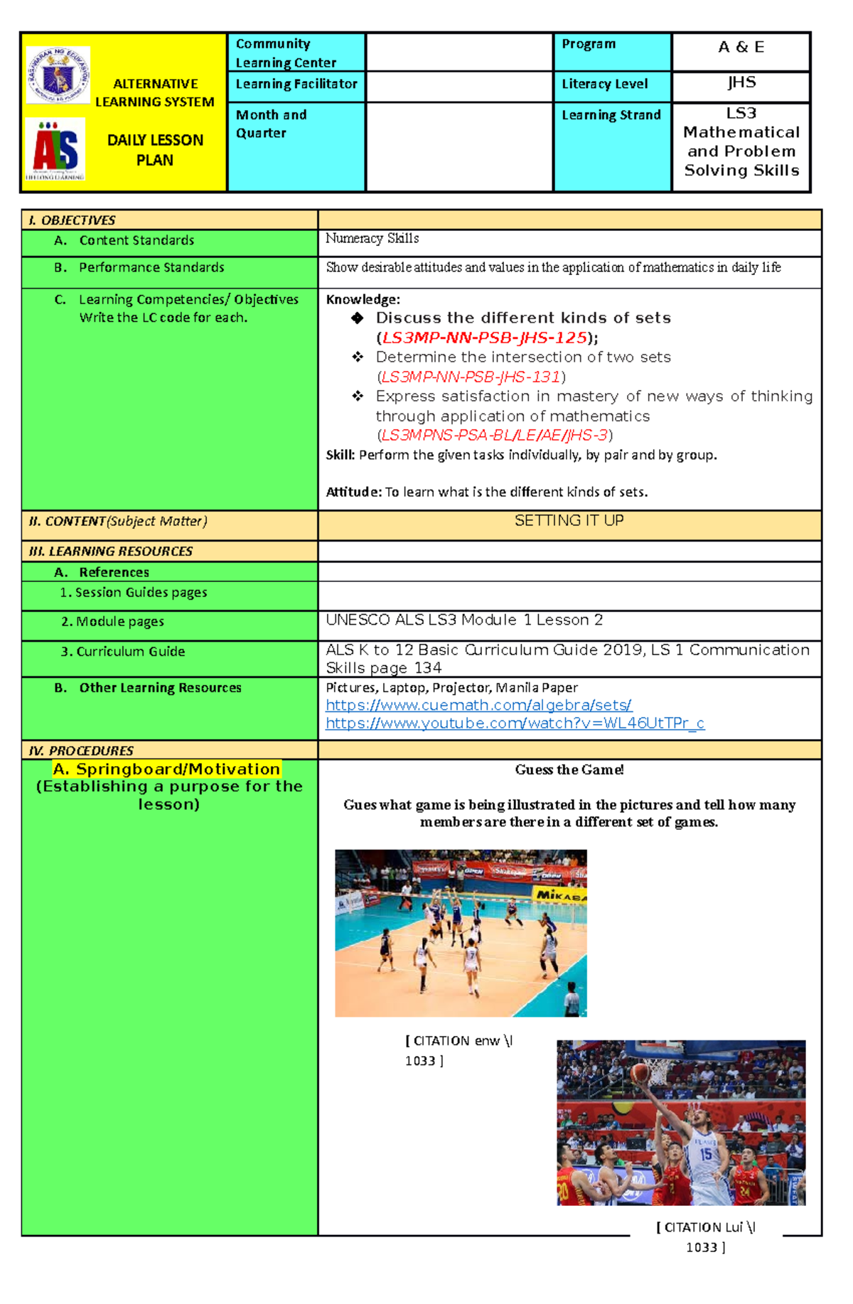 LS3 Math-DLP-JHS (Different kind of sets) - ALTERNATIVE LEARNING SYSTEM ...