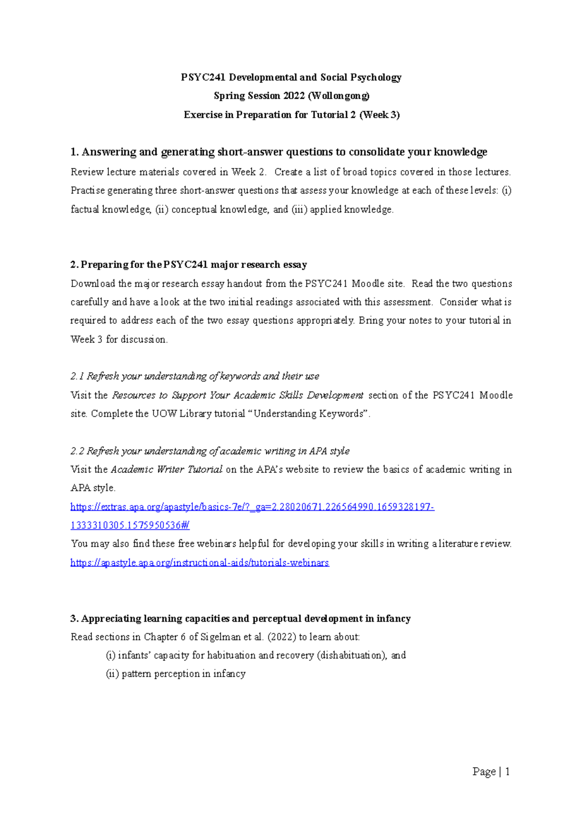2022 PSYC241 Wk3 Tutorial handout - PSYC241 Developmental and Social ...