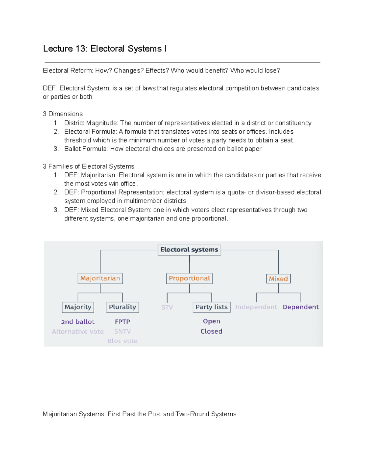 Lecture Summaries - Lecture 13: Electoral Systems I Electoral Reform ...