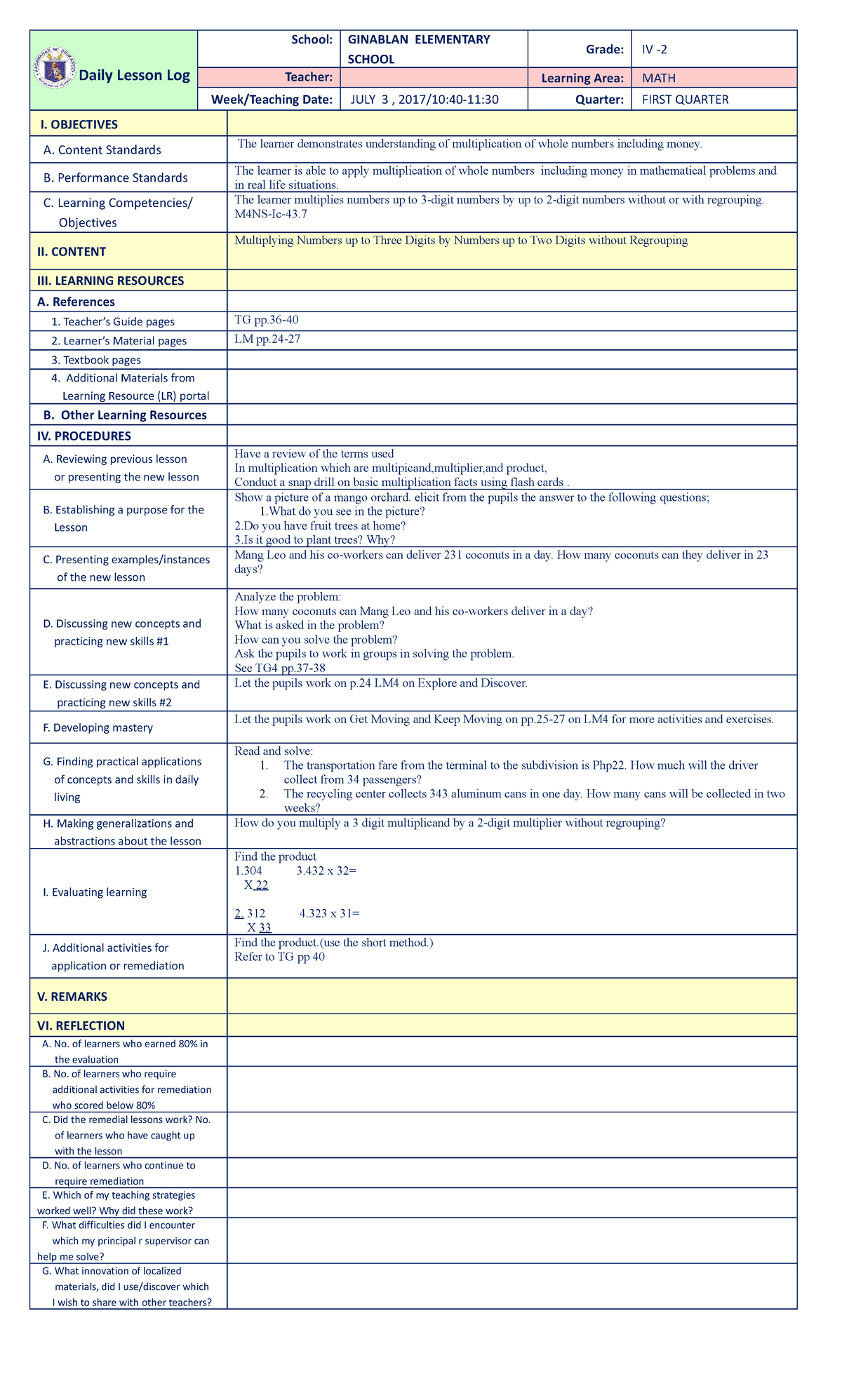 DLL MATH W5 JUL 3-7 - EXAMPLE - Daily Lesson Log School: GINABLAN ...