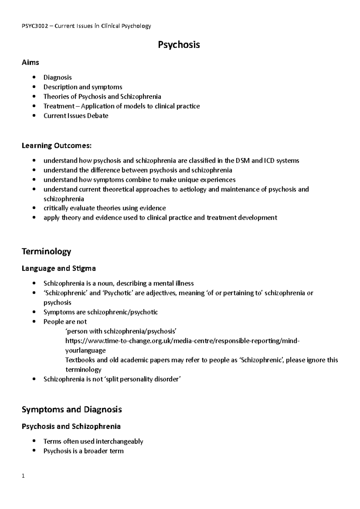 3 - Psychosis - Lecture notes for course run by Valerie Brandt ...