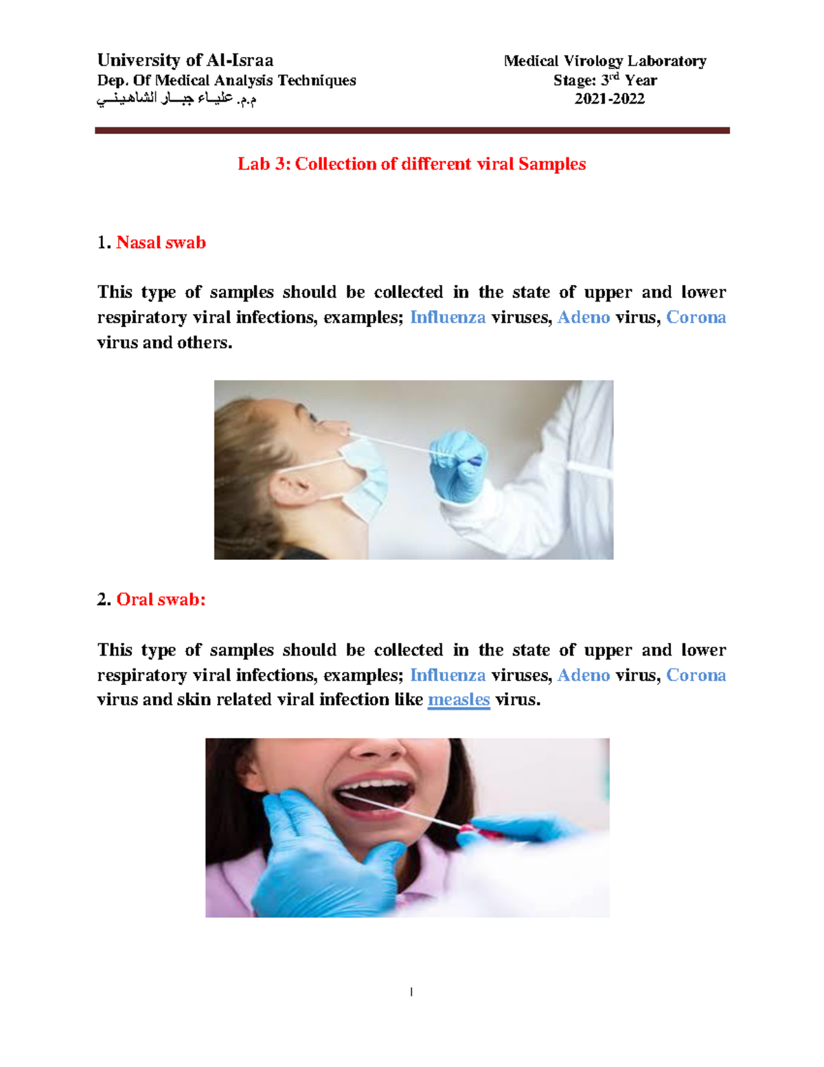 Collection of different viral Samples - University of Al-Israa Medical ...