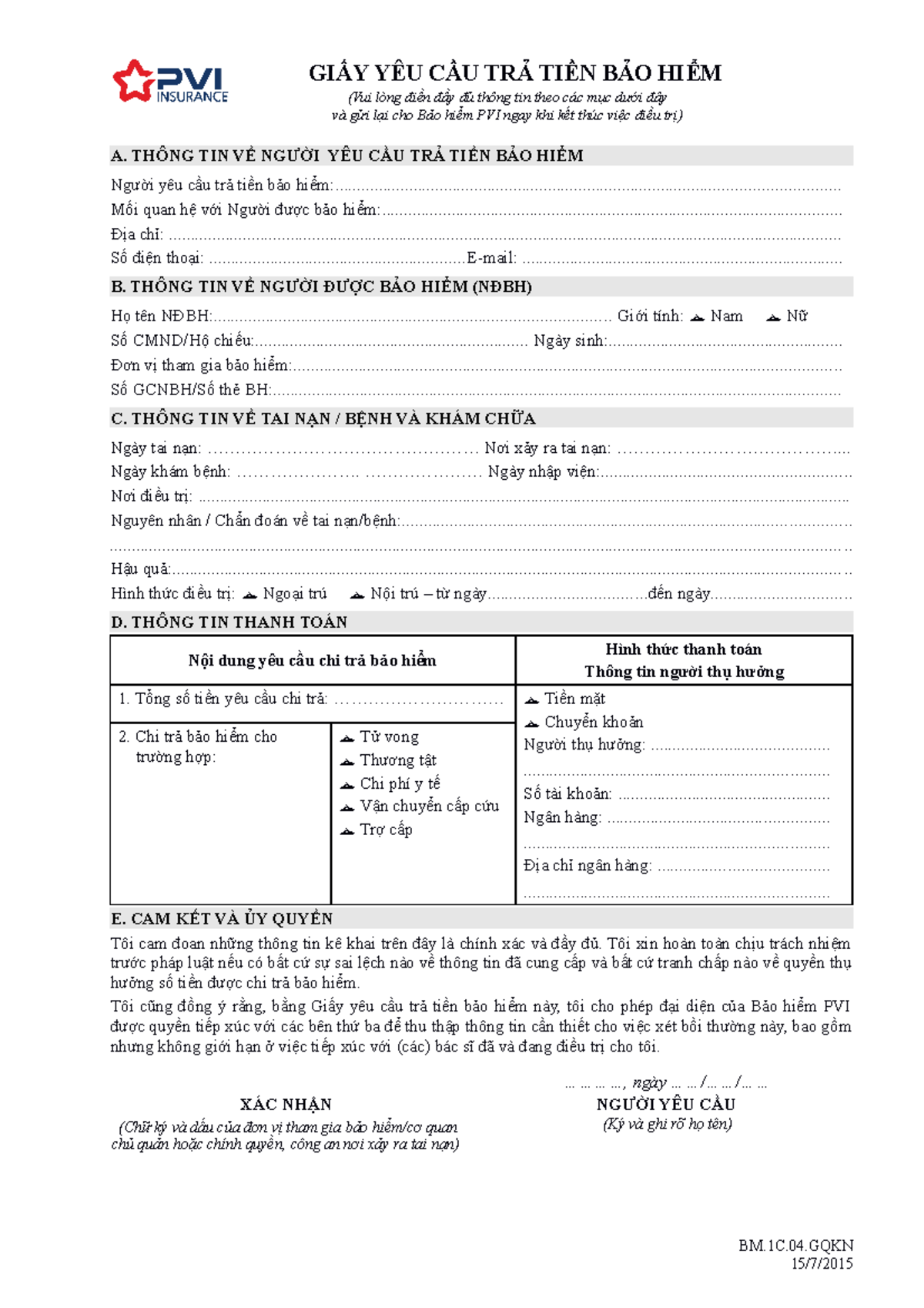 PVI Claim Form viet anh 2 - GIẤY YÊU CẦU TRẢ TIỀN BẢO HIỂM (Vui lòng ...