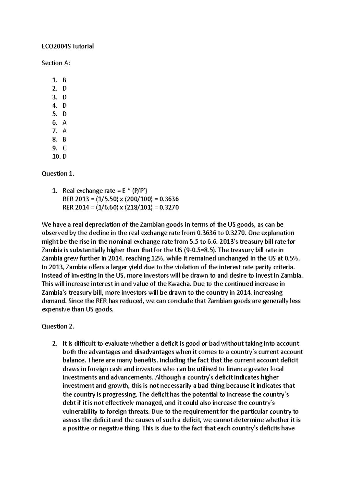 ECO2004 S Tutorial 6 - TUT - ECO2004S Tutorial Sec3on A: 1. B 2. D 3. D ...