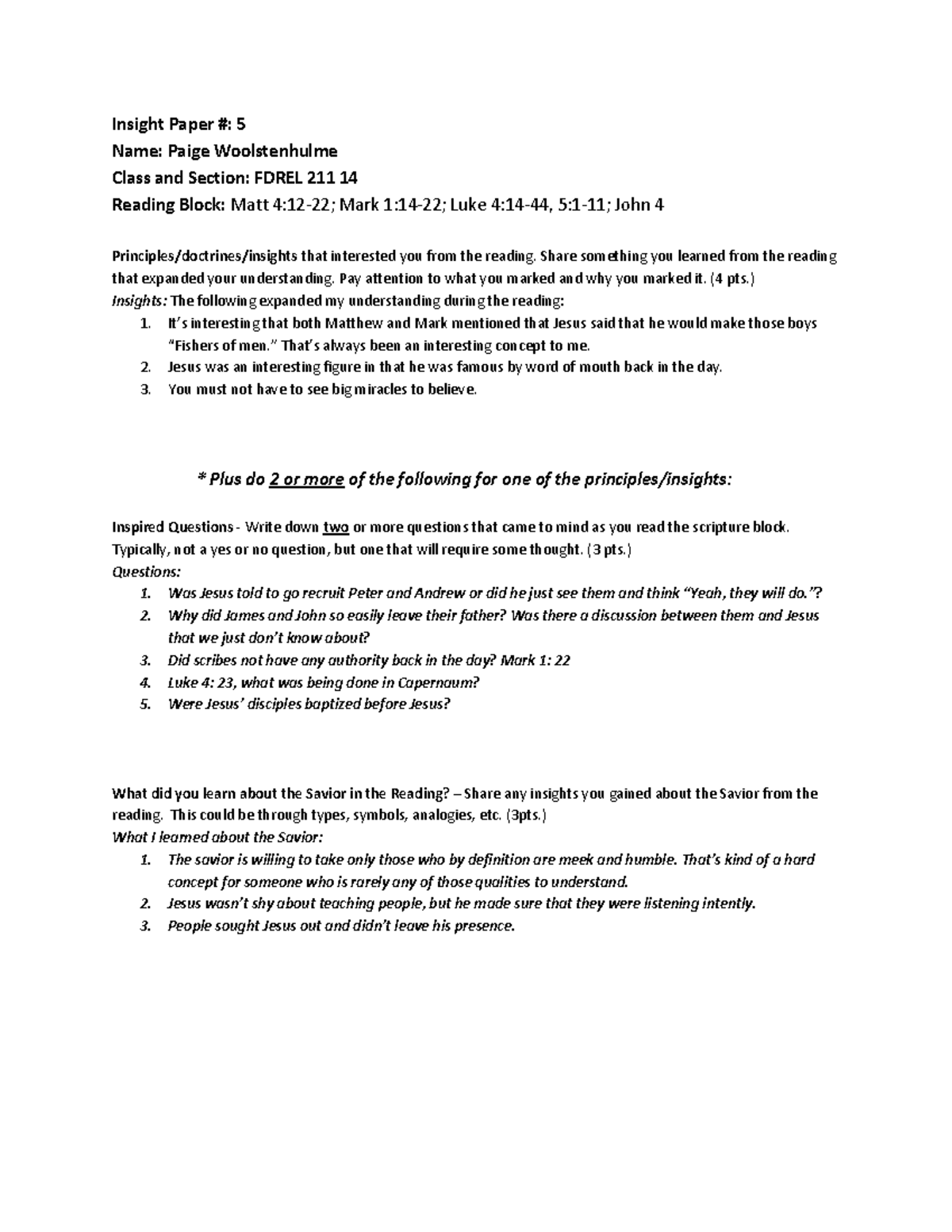 5 Insight Paper - For the class of Brother Parker. - Insight Paper 5 ...