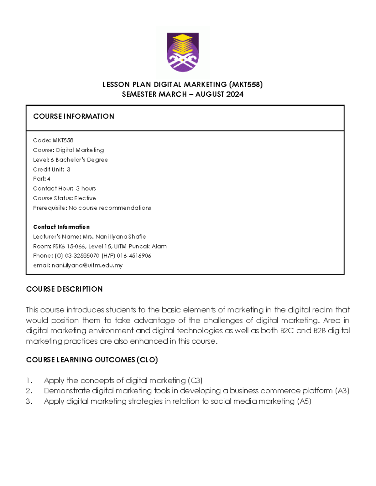Template Lesson PLAN MKT558 SEM March AUG2024 - LESSON PLAN DIGITAL ...