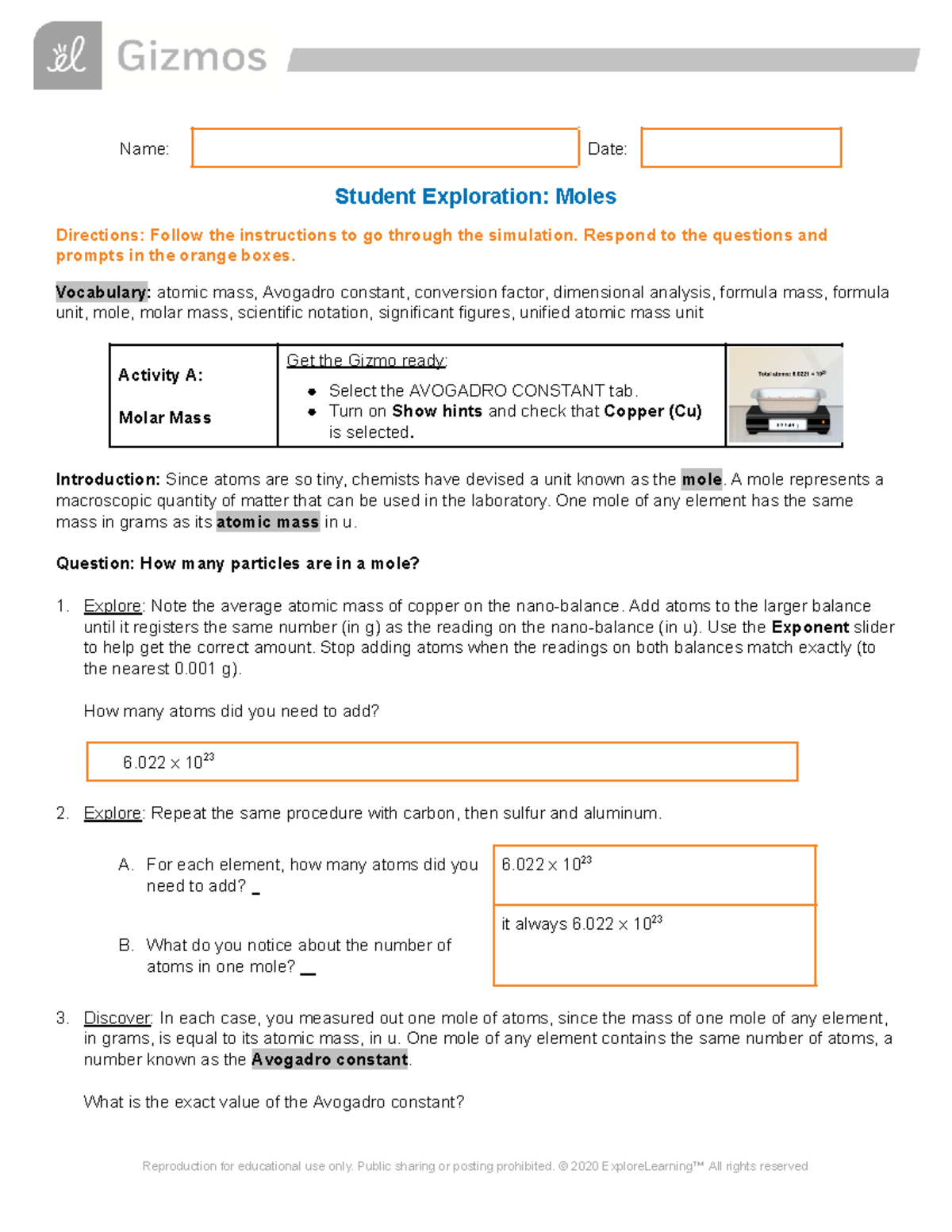 Merari Morales - Unit 5 Moles Gizmo - 6667493 - Name: Date: Student ...