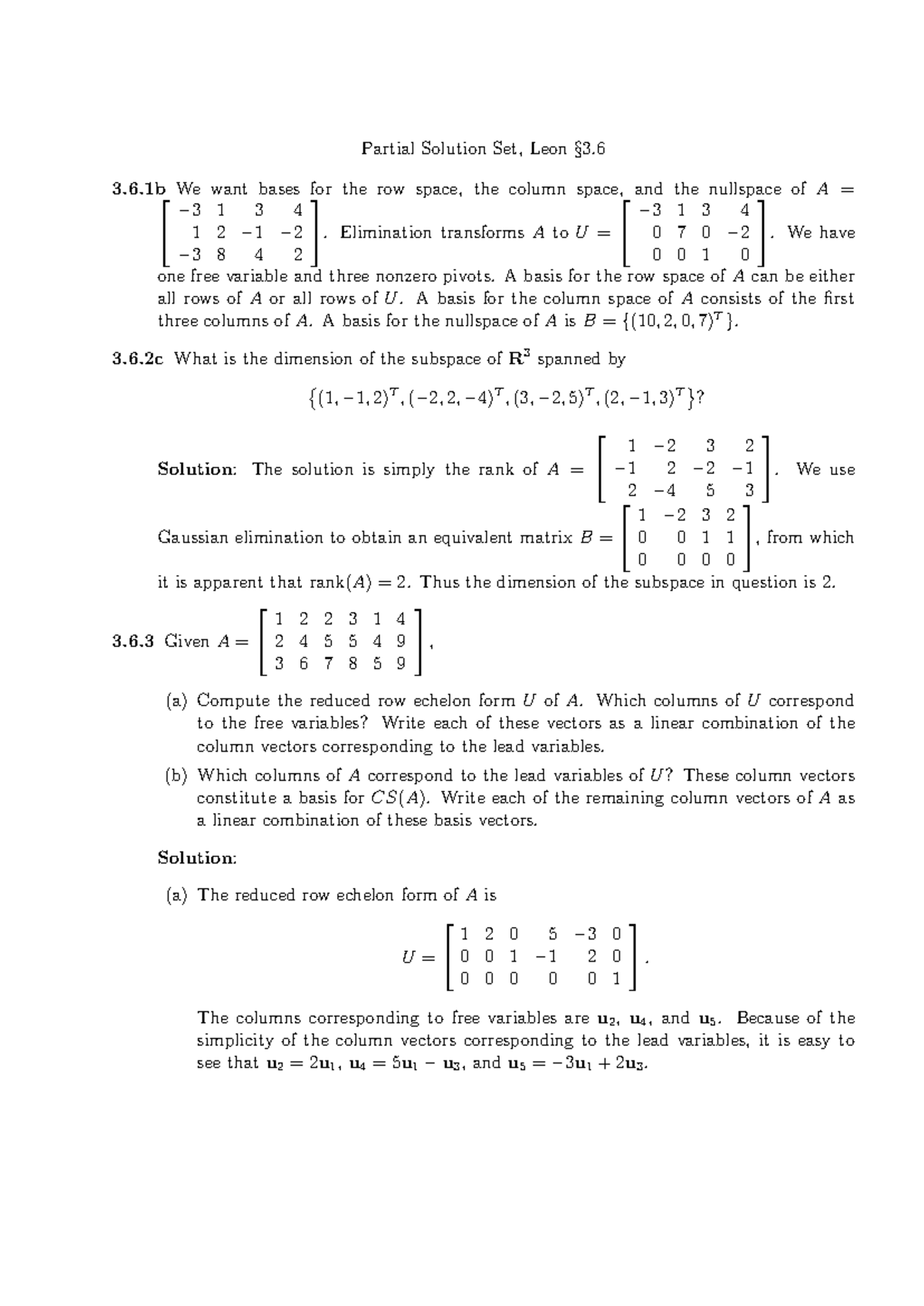 Solution 36 - Partial Solution Set, Leon §3. 3.6 We want bases for the row space, the column ...