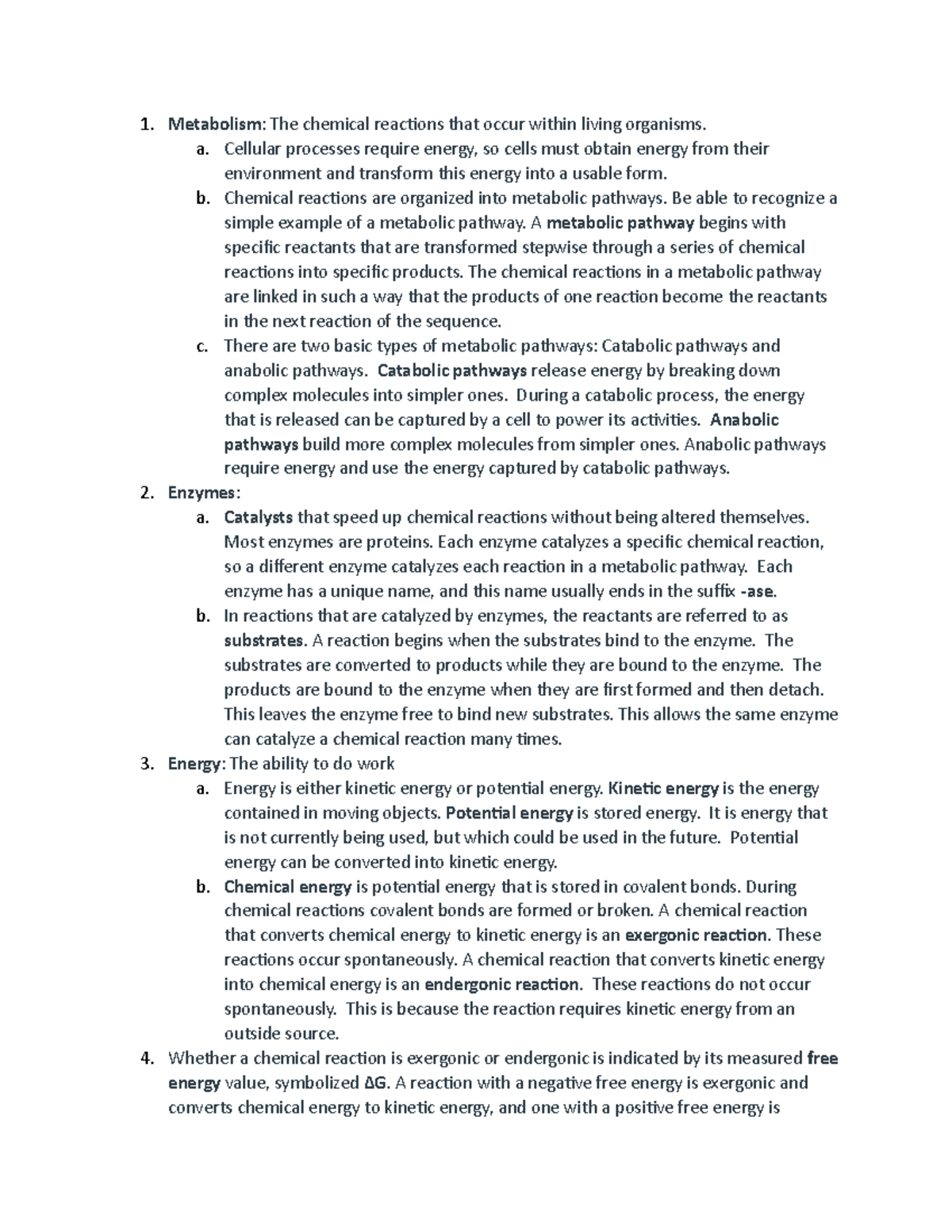 Intro to Metabolism Study Guide - Metabolism: The chemical reactions ...