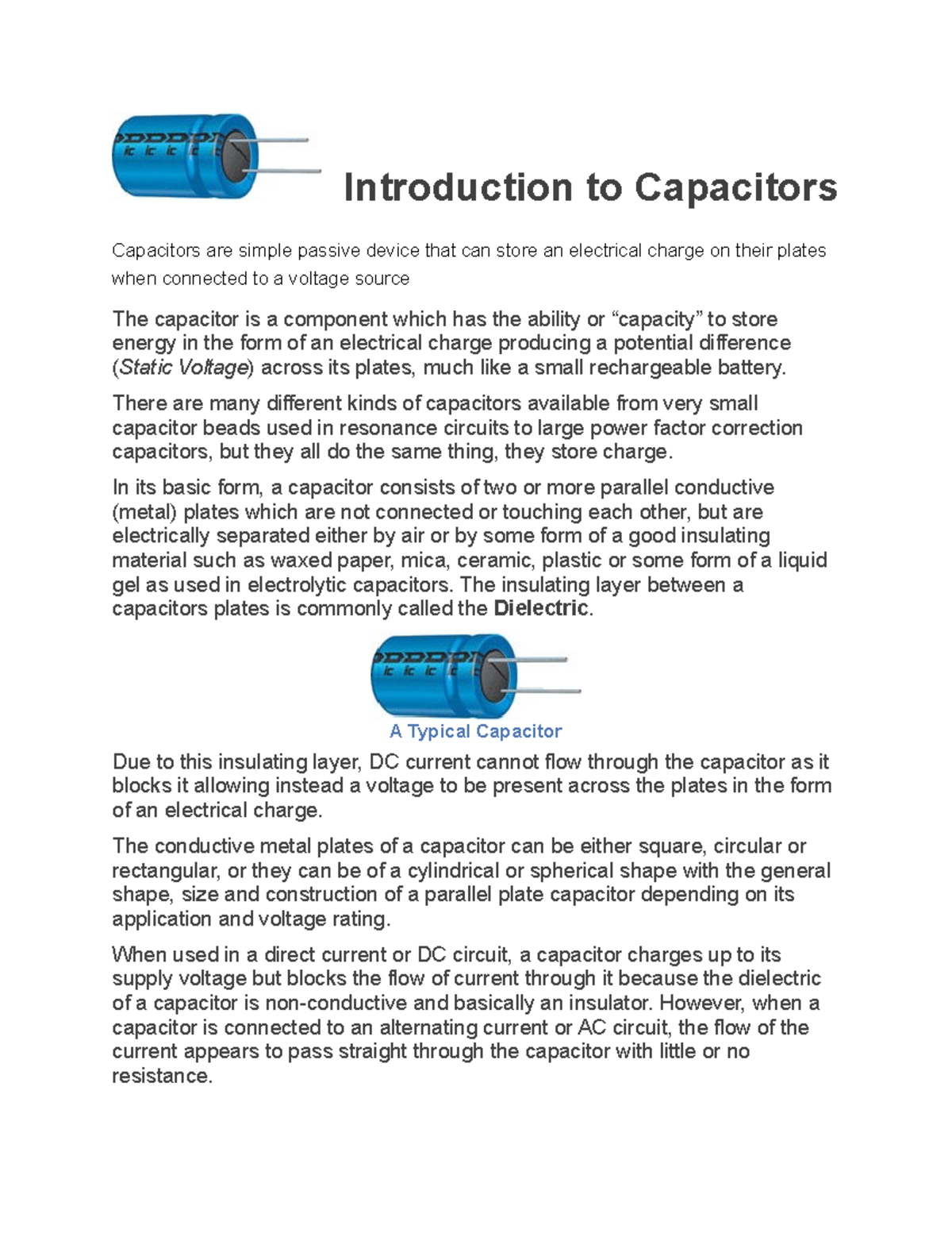 Introduction to Capacitors - Introduction to Capacitors Capacitors are ...
