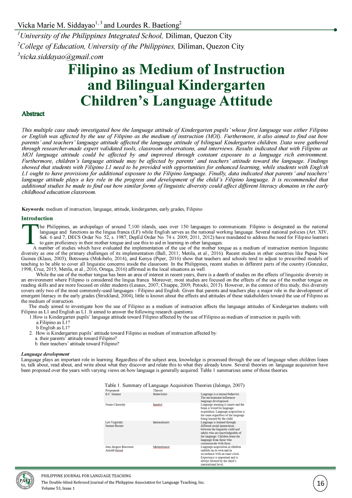 Filipino as Medium of Instruction and Bilingual Kindergarten Children's ...