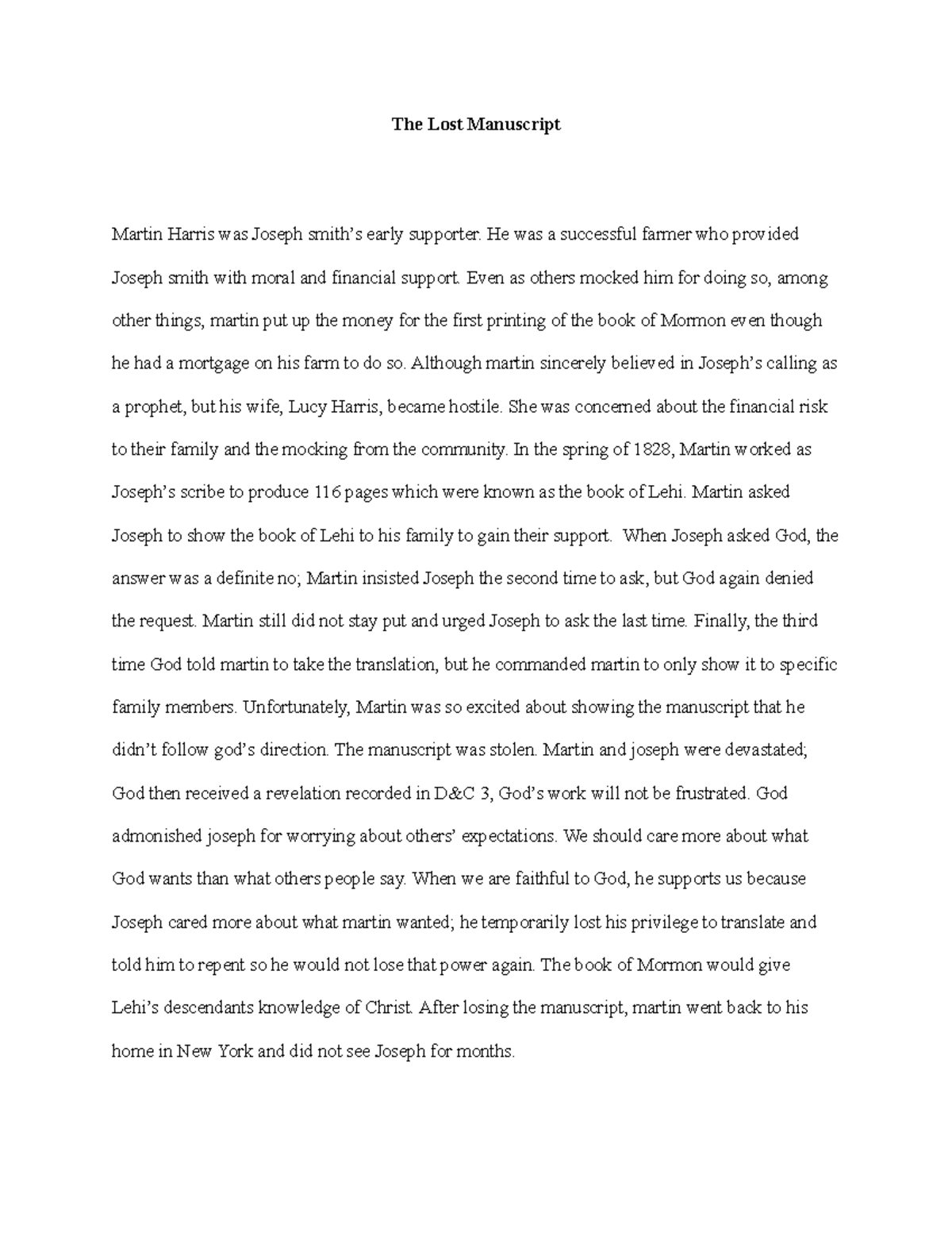 The lost manuscript - The Lost Manuscript Martin Harris was Joseph ...