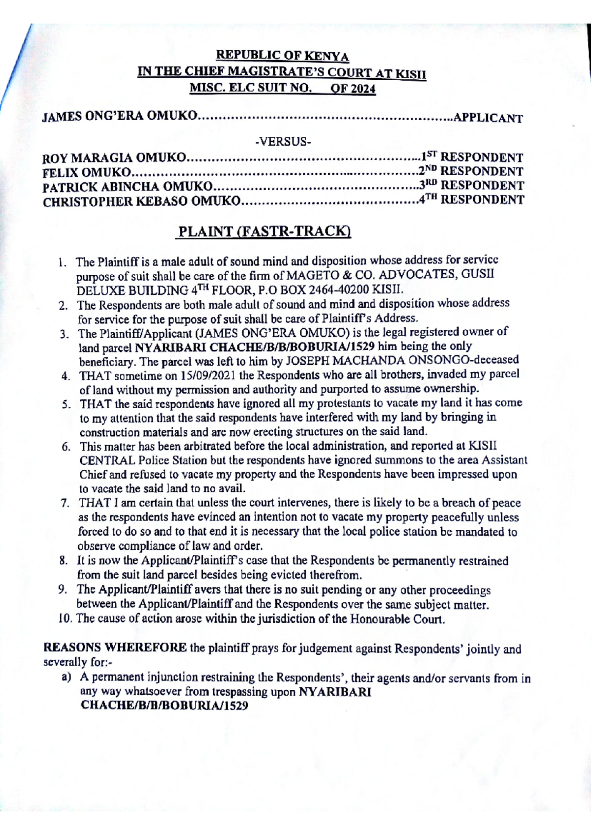 Plaint ELC 2024 - Copy - certificate of urgency - Law of succession ...