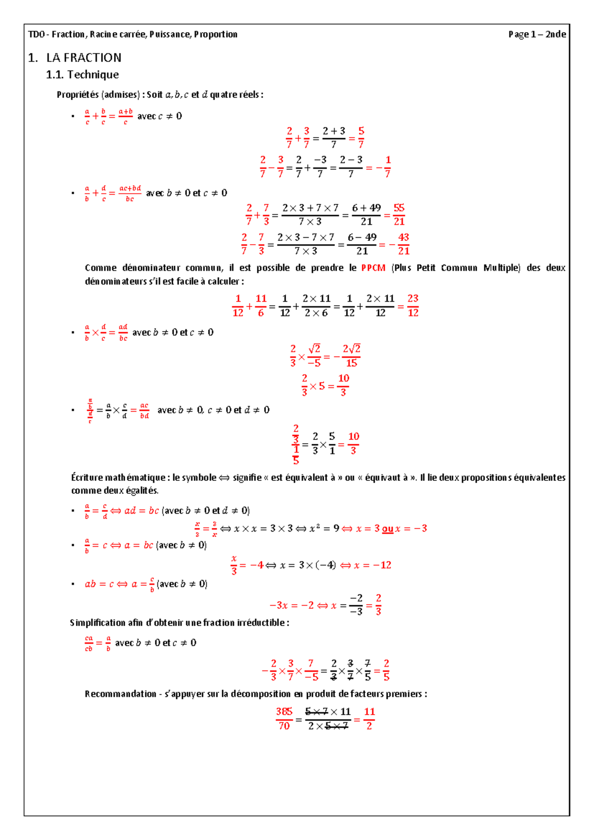 Tde ch0 - Fraction Racine carrée Puissance Proportion - 1. LA FRACTION ...